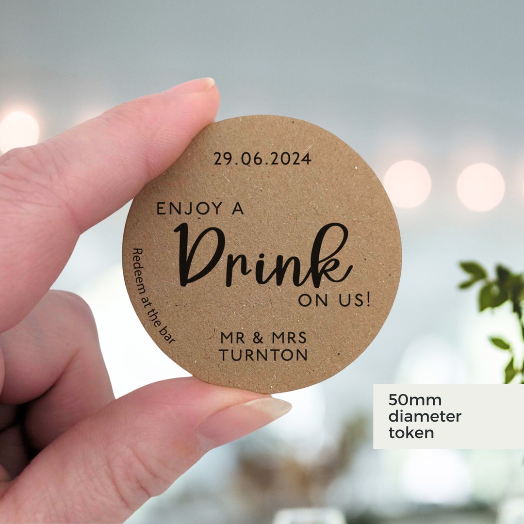Personalised Drink Token for Wedding Guests, Round Recycled Bar Ticket ...