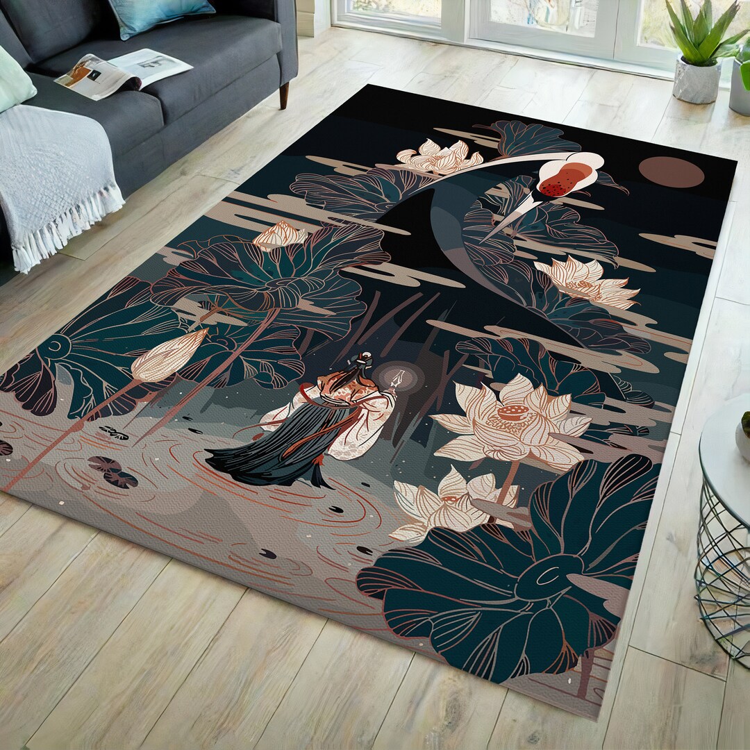 Japanese Rug, Crane Theme Rug, Floral Art Rug, Moon Pattern Rug, Japan ...