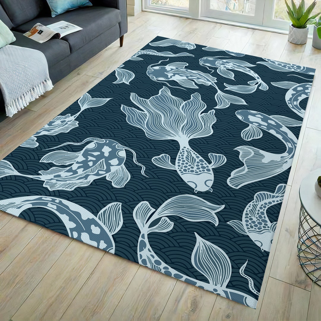 Japan Wave Rug, Fish Theme Rug, Japan Fish Rug, Blue Art Rug, Blue ...