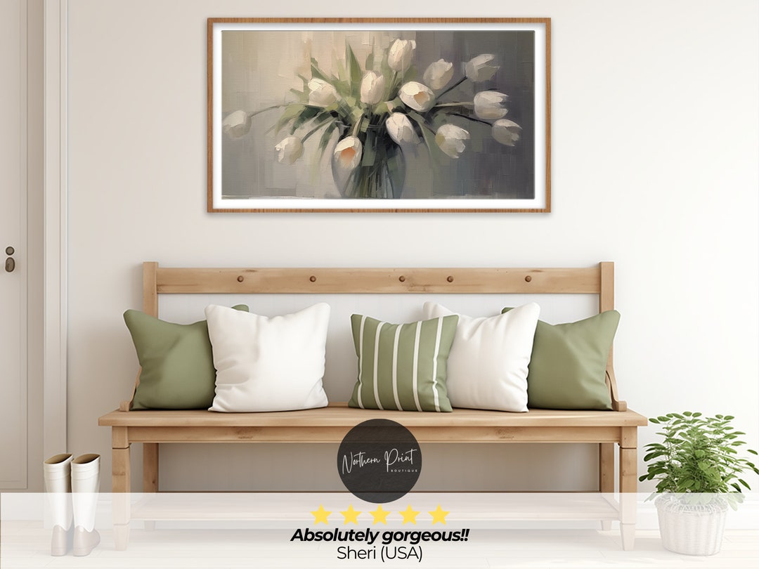 Frame Tv Gift Art White Tulips Vintage Style Spring Floral Easter
