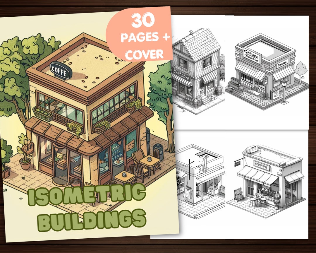 30 Isometric Buildings Coloring Page, Fantasty Grayscale Coloring Page ...