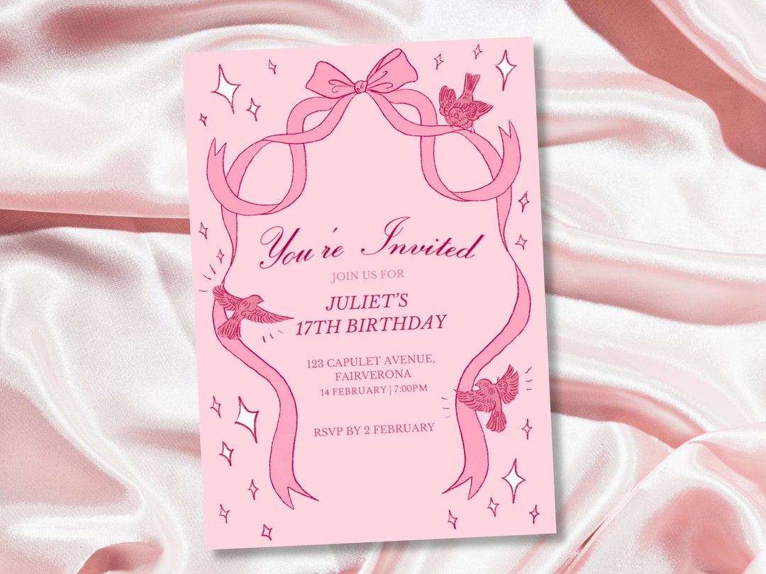 Pink Hand Drawn Coquette Bows Invite | Editable Template | Birthday ...