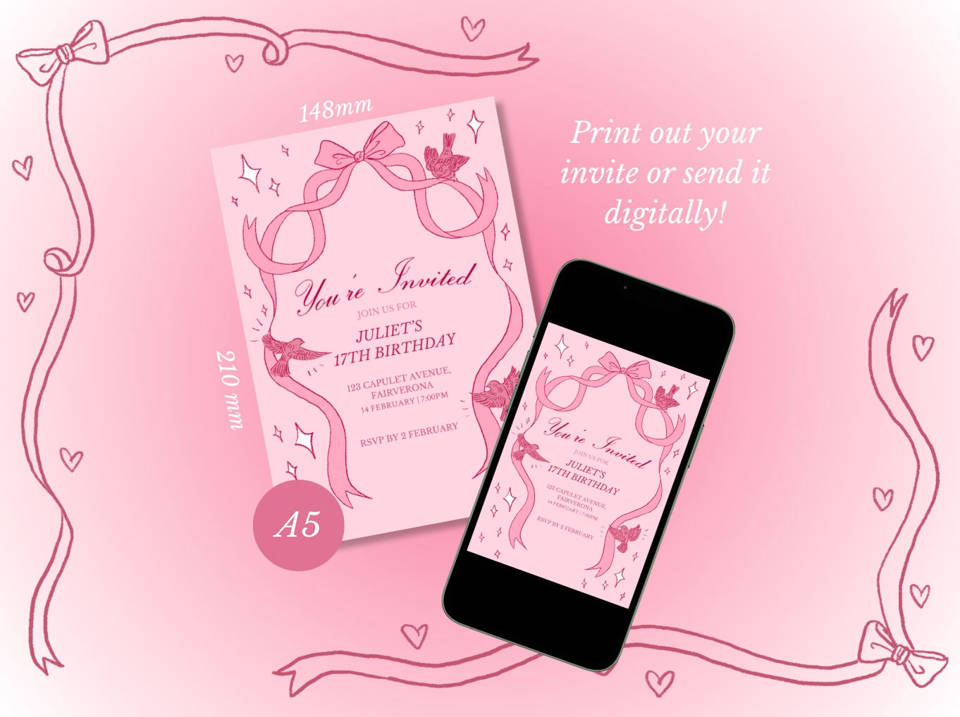 Pink Hand Drawn Coquette Bows Invite | Editable Template | Birthday ...