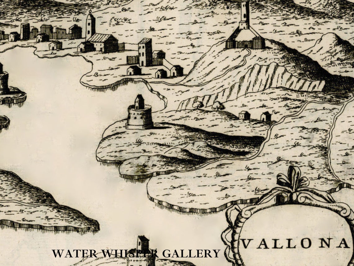 Vintage Historic Map Drawing of the Port of Vlora, Valona Albania ...