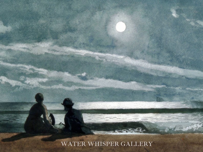 Vintage Moonlight Printable Beach Coastal Landscape Artwork, Night Sea ...