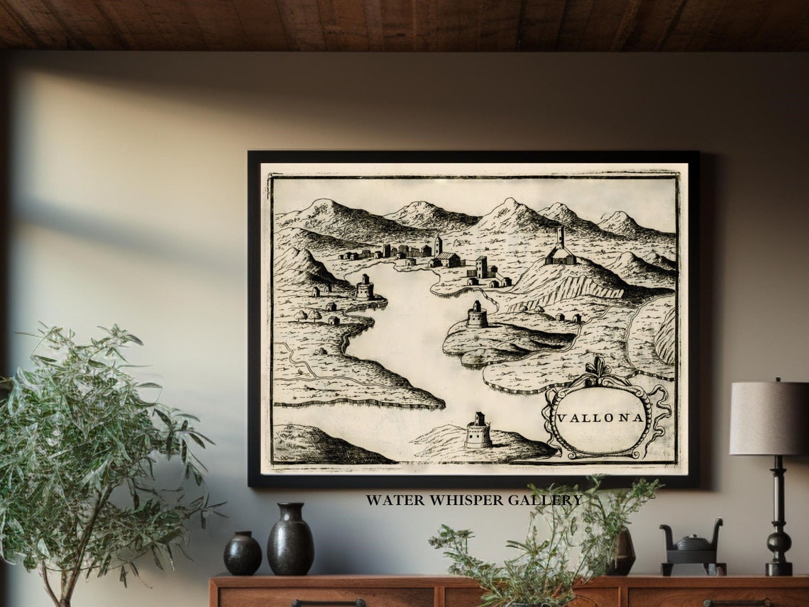 Vintage Historic Map Drawing of the Port of Vlora, Valona Albania ...