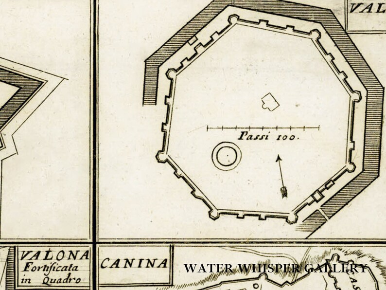 Albania Ancient Art Drawing Map of 6th Century Castles, Vlora and ...