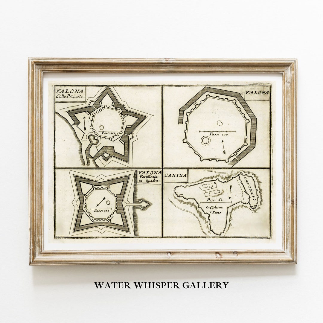 Albania Ancient Art Drawing Map of 6th Century Castles, Vlora and ...