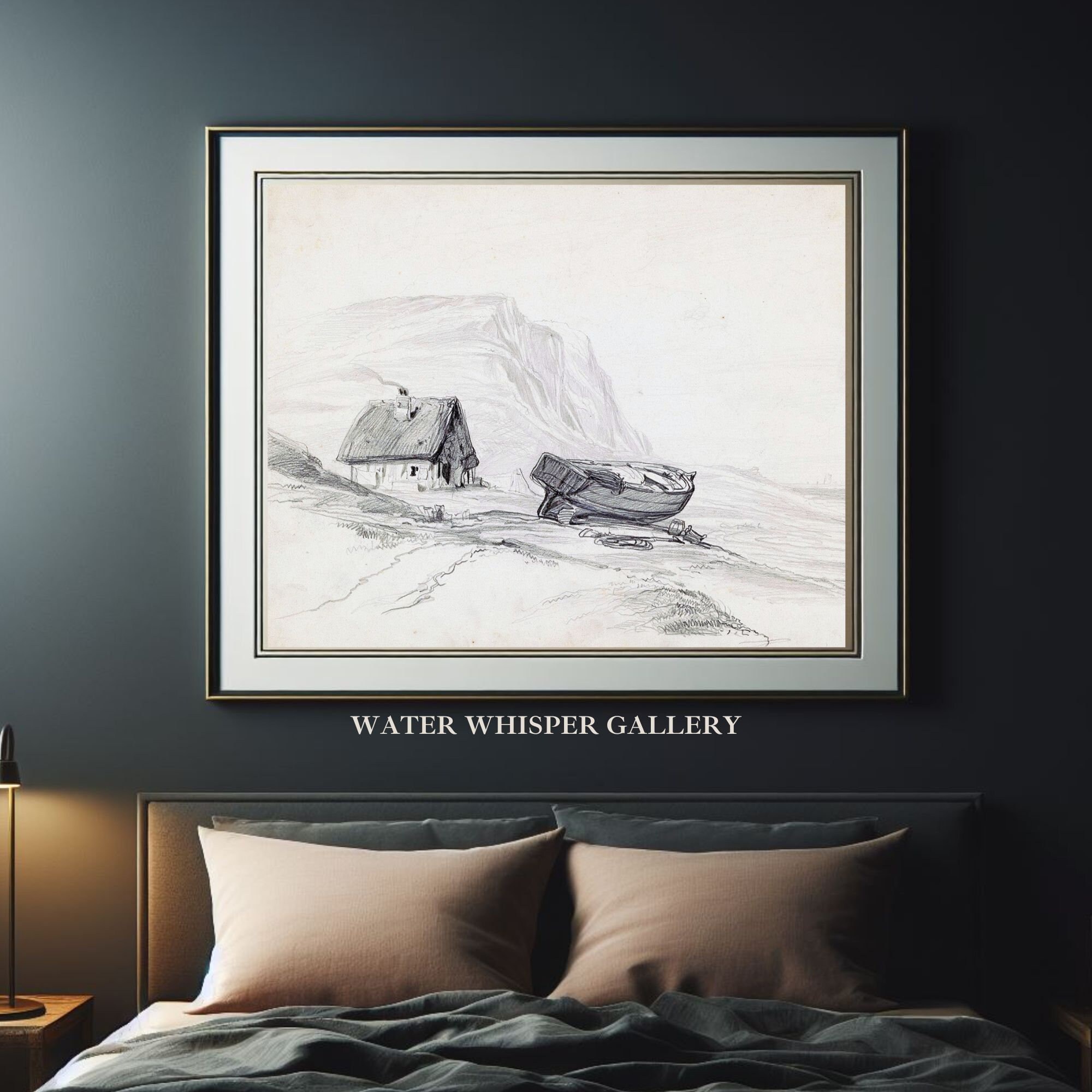 Vintage Beach Landscape Drawing of Boat and House, Nautical Wall Decor ...