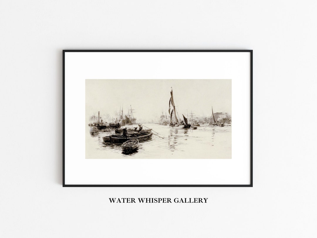 Printable Antique London Sketch of the Thames River, Urban Architecture ...