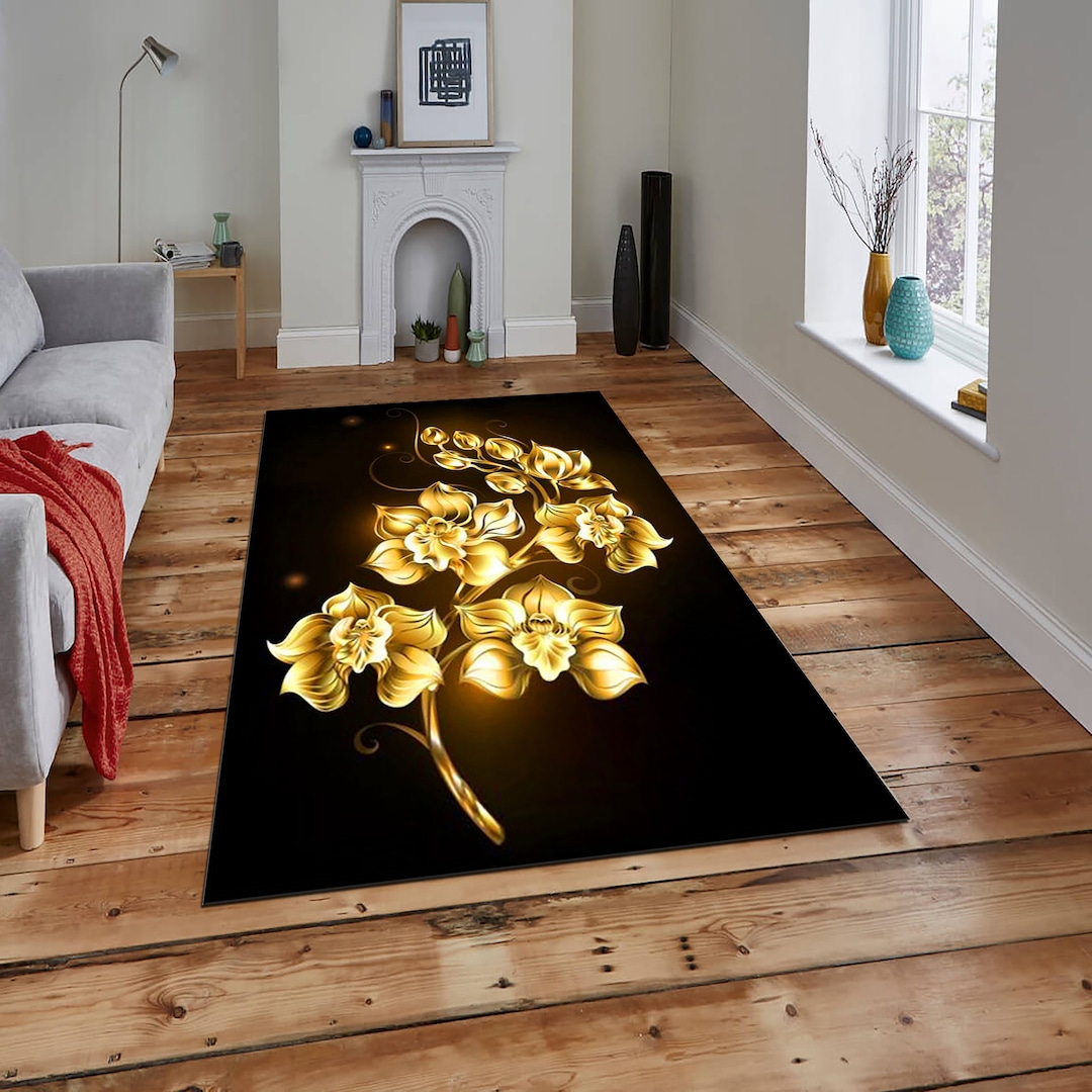 Gold Flowers Rug, Bright Gold Rug, Gold Decor Home Rug, Gold Black Rug ...