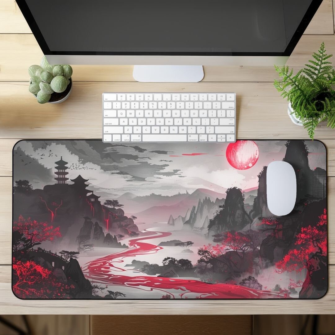 Asian Landscape Desk Mat, Extra Large Mousepad With Red Sun and Pagoda ...