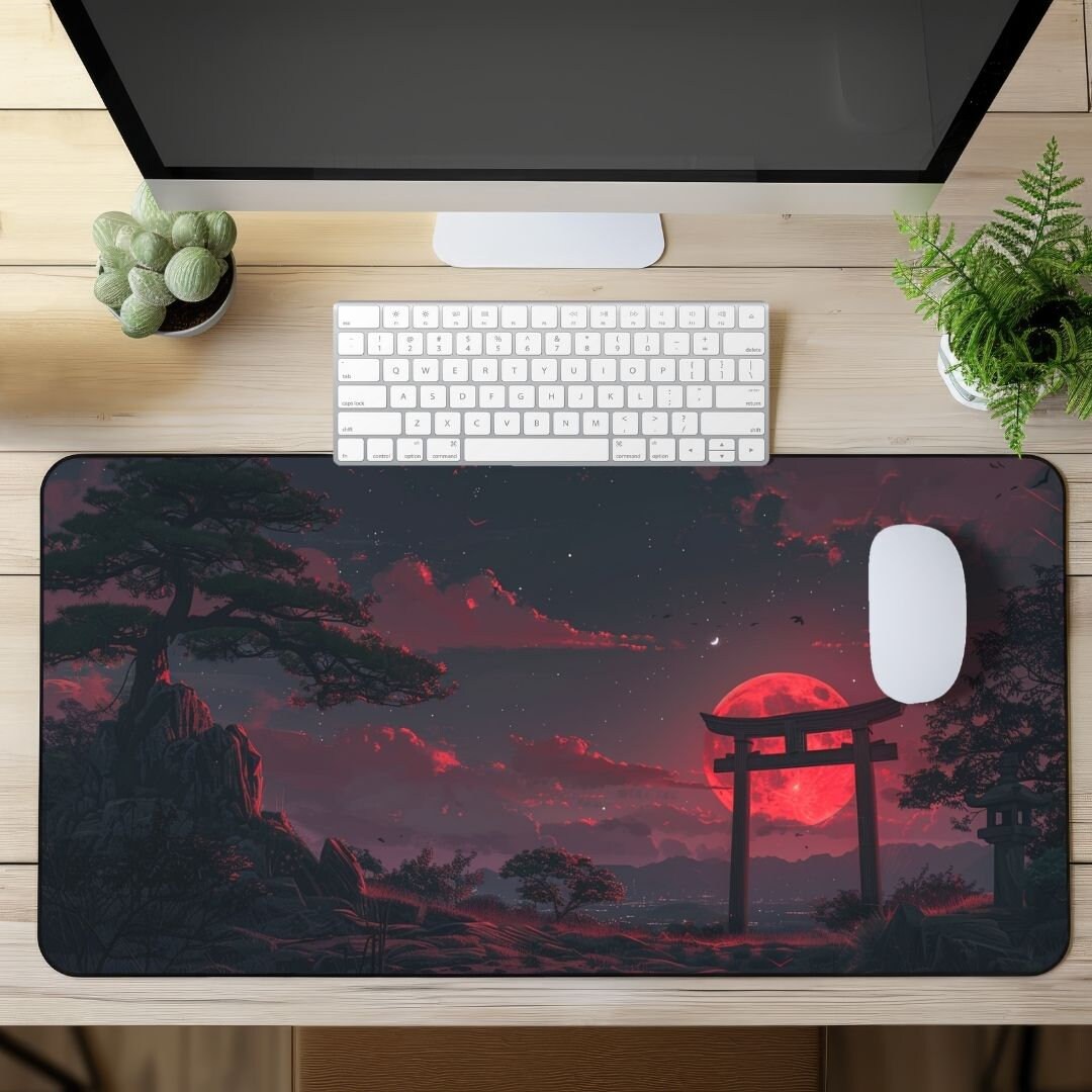 Large Desk Mat With Red Moon, Torii Gate and Night Sky, Office Desk Pad ...