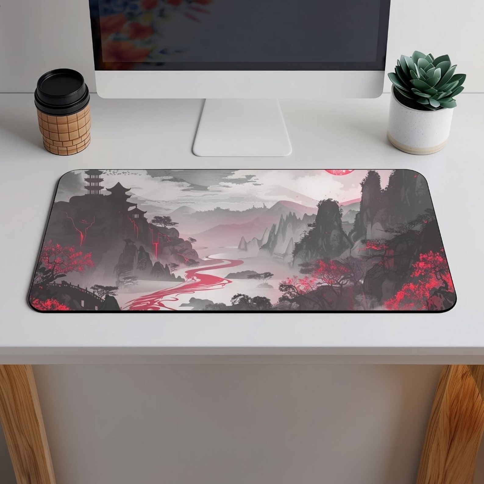 Asian Landscape Desk Mat, Extra Large Mousepad With Red Sun and Pagoda ...