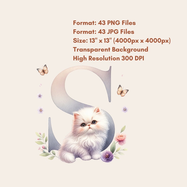 Alphabet Cat Clipart Set Adorable Kitten Letters PNG & JPG, Floral ...
