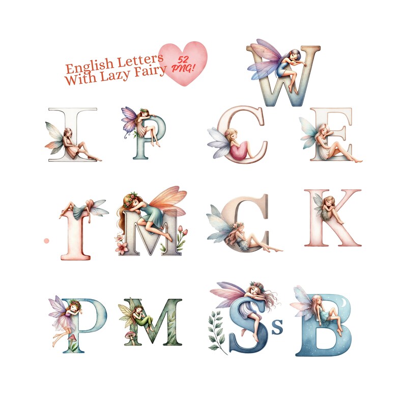 Watercolor Enchanting Fairy Alphabet Clipart - 52 PNG Letters With ...