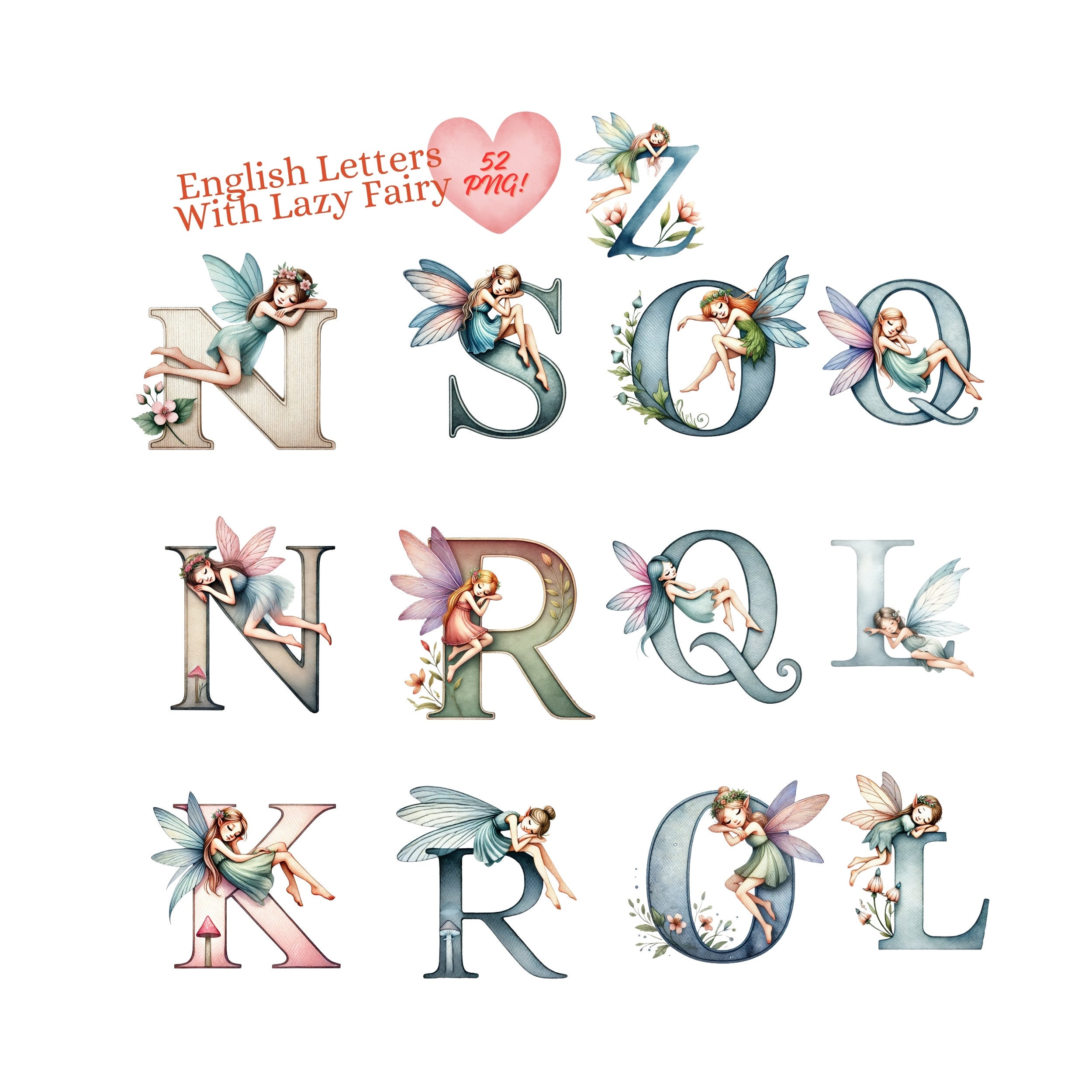 Watercolor Enchanting Fairy Alphabet Clipart - 52 PNG Letters With ...