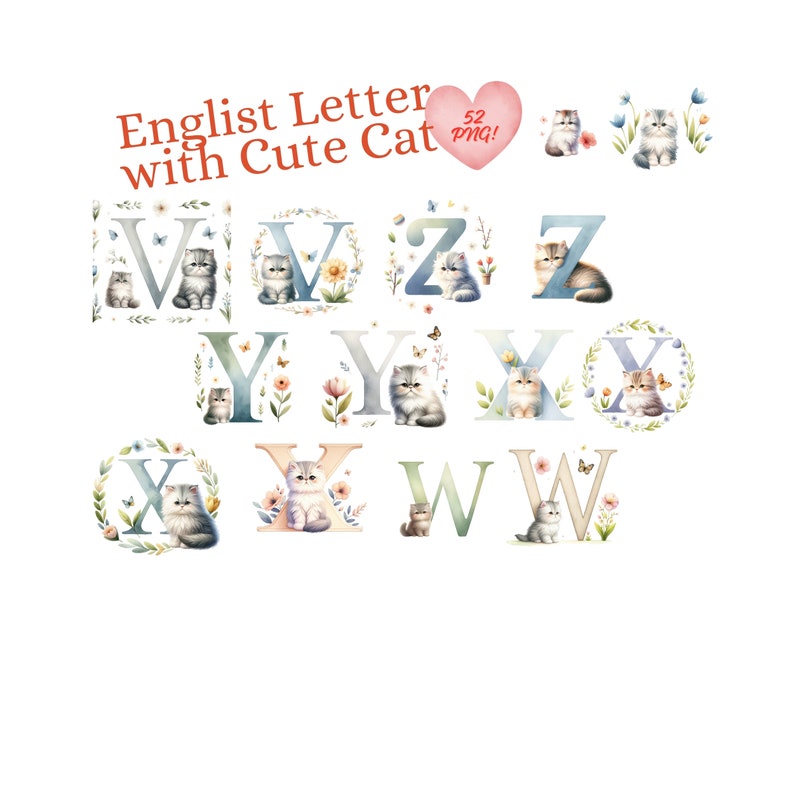 Alphabet Cat Clipart Set Adorable Kitten Letters PNG & JPG, Floral ...