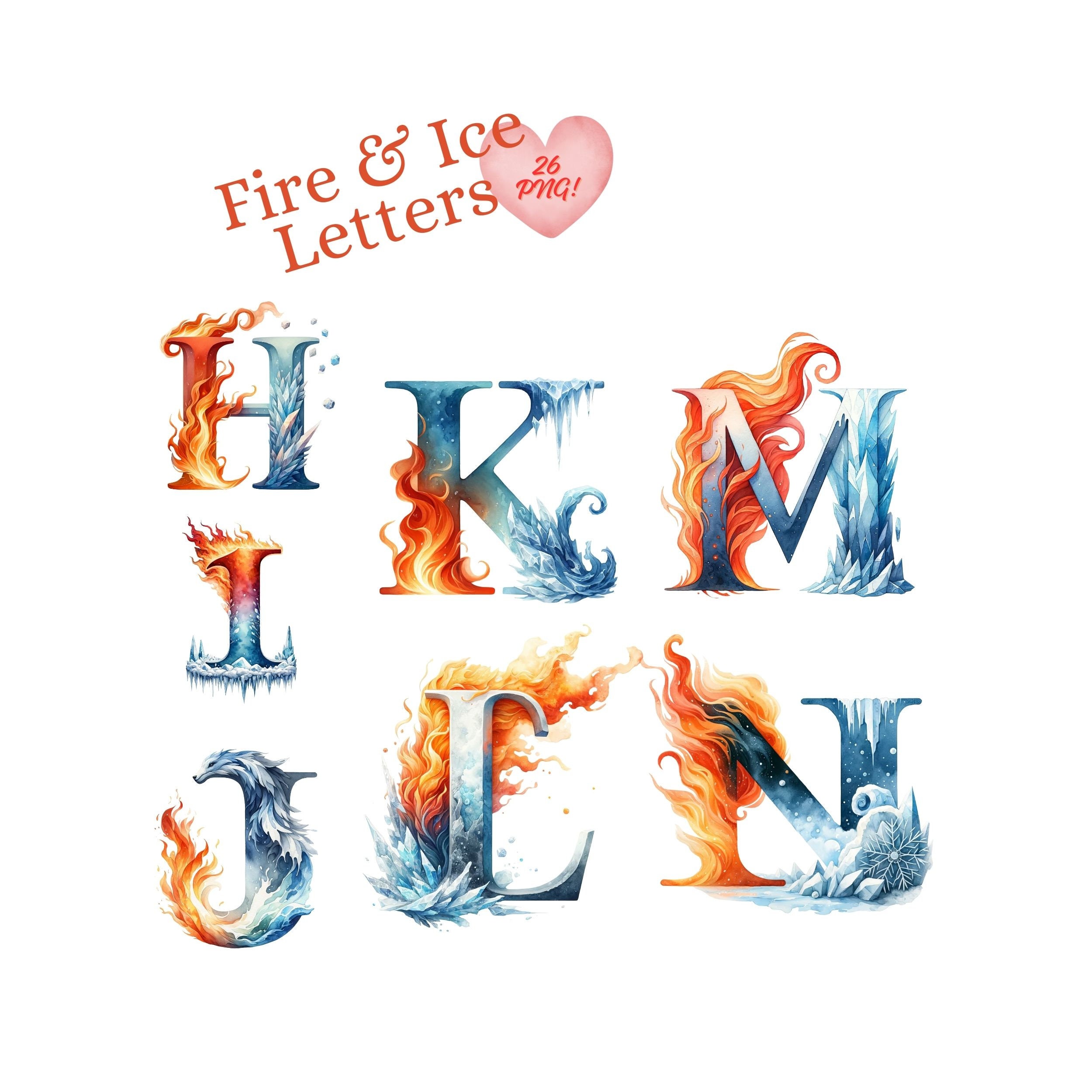 Watercolor Elemental Fusion Alphabet Clipart: Striking Fire & Ice ...
