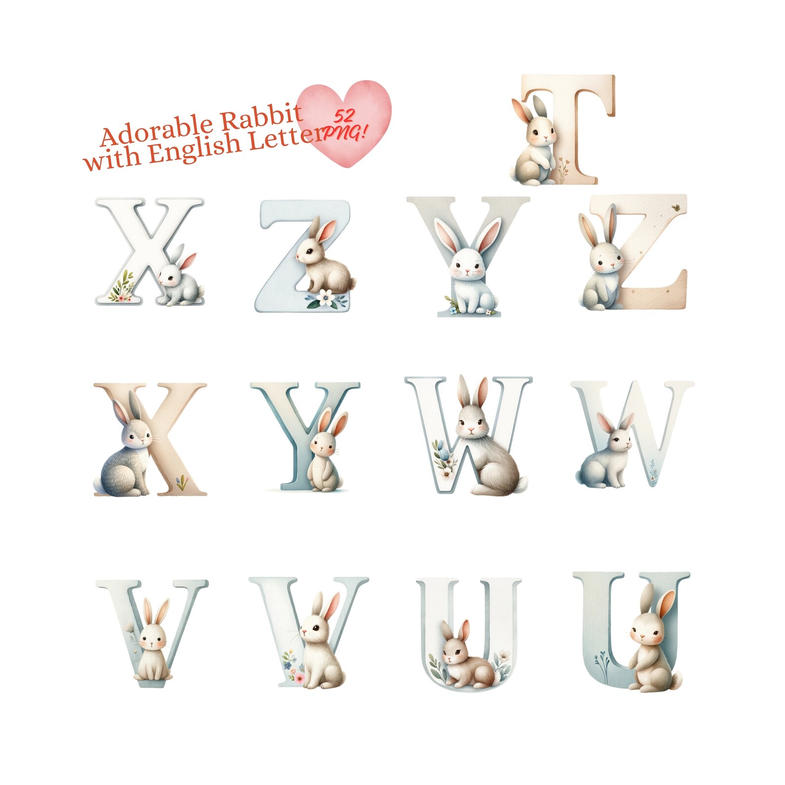 Watercolor Adorable Rabbit Alphabet Clipart, Transparent Background ...