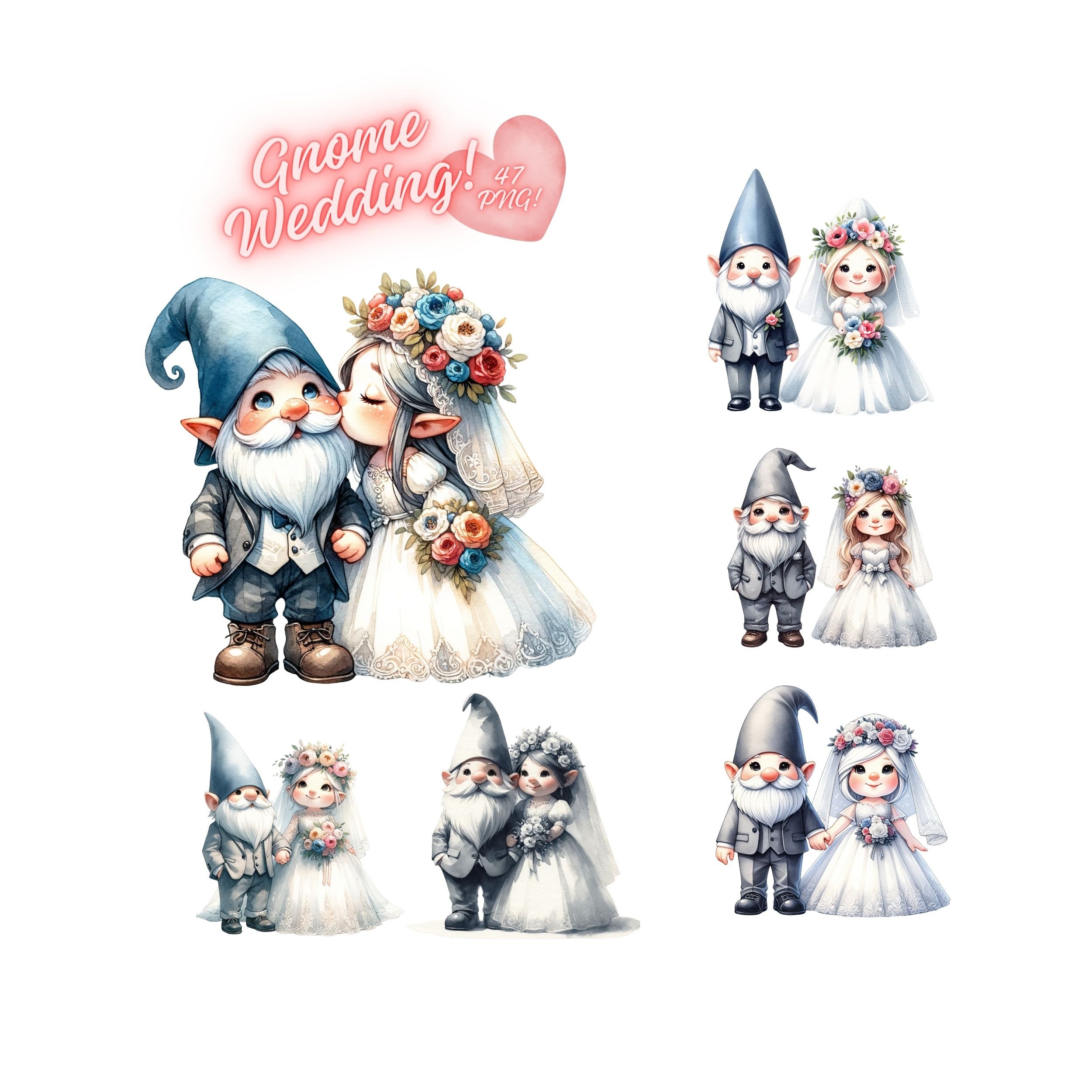 Gnome Wedding Clipart Collection Adorable Bridal Gnomes, Digital Download, Wedding Invitations ...