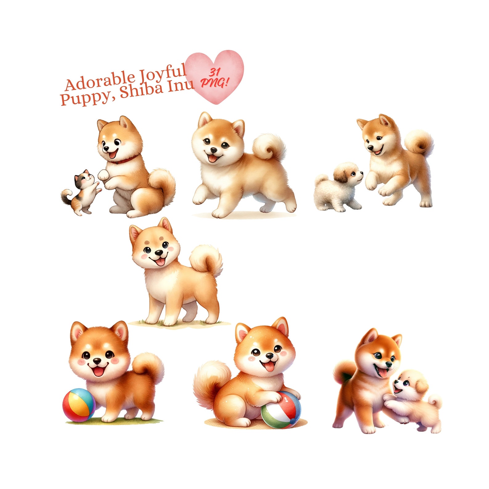 Charming Shiba Inu Puppy Clipart Bundle, 31 Adorable Cartoon Dog PNG ...
