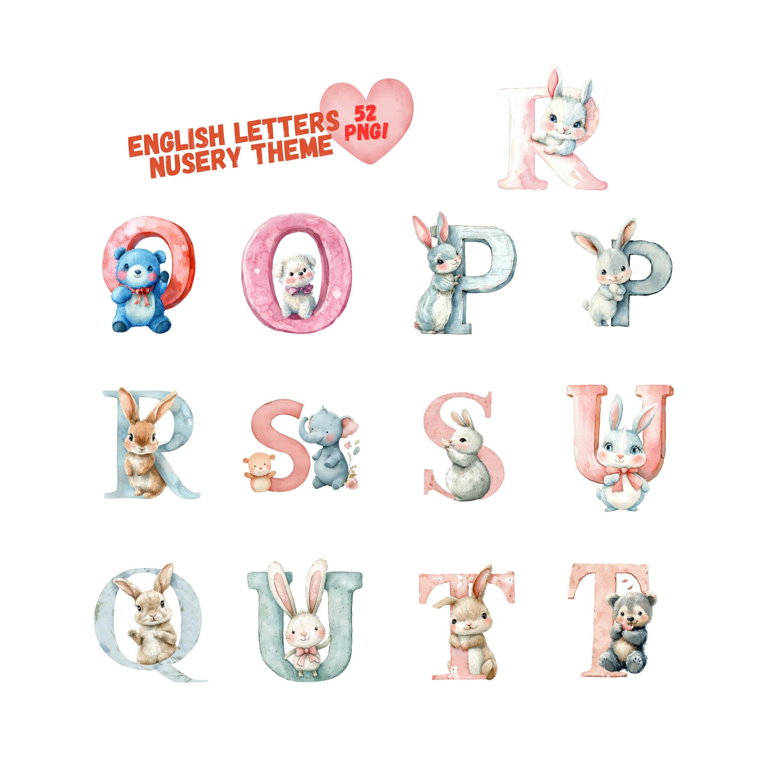 Nursery Animal Alphabet Clipart | 52 PNG English Letters for Kids ...