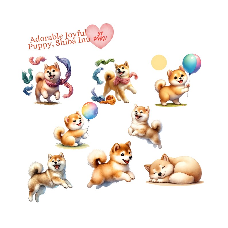 Charming Shiba Inu Puppy Clipart Bundle, 31 Adorable Cartoon Dog PNG ...