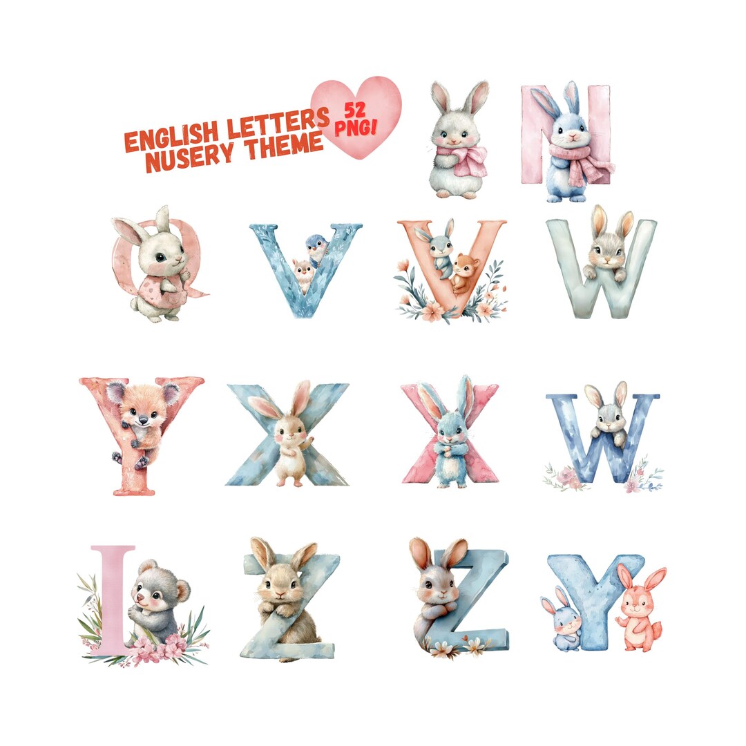 Nursery Animal Alphabet Clipart | 52 PNG English Letters for Kids ...
