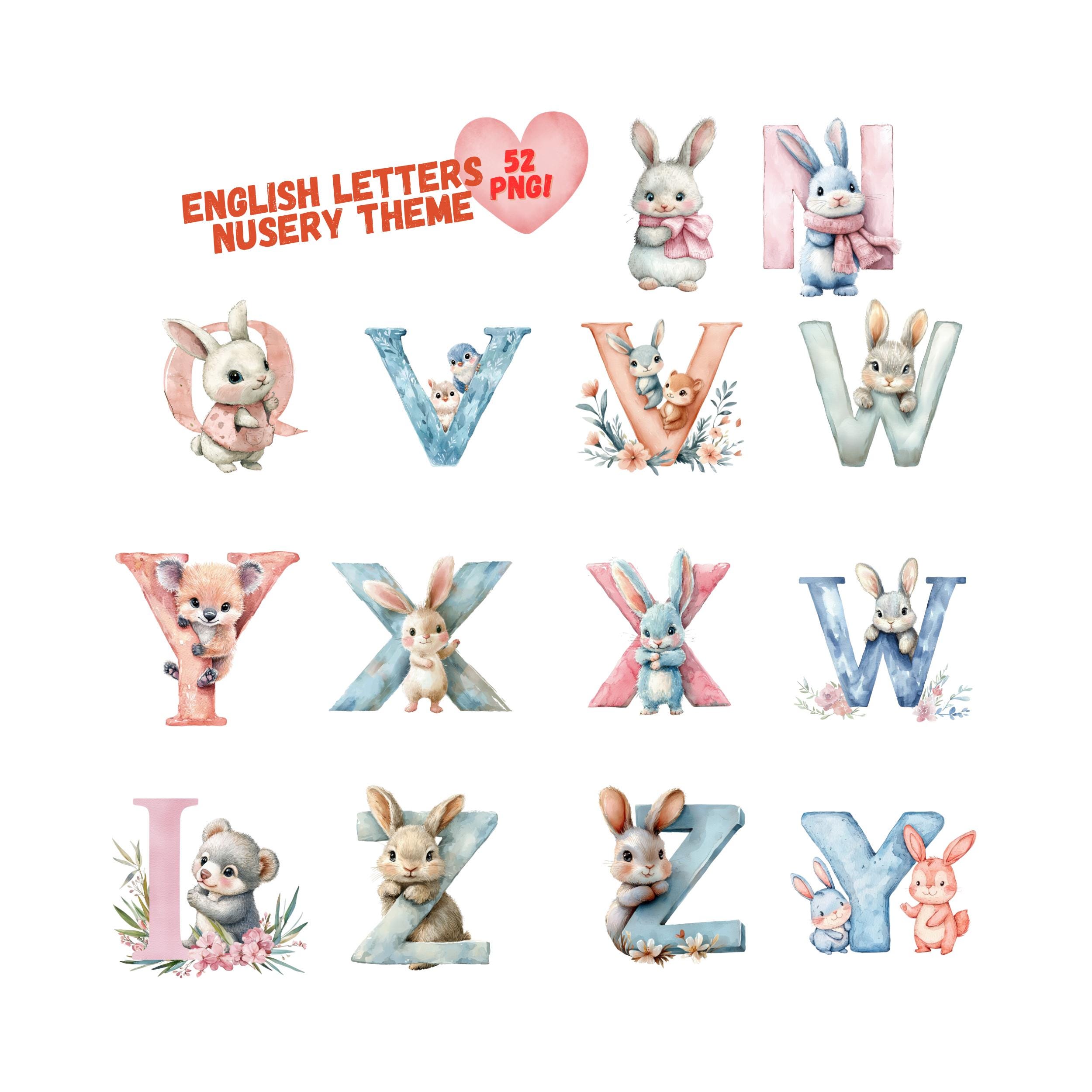 Watercolor Animal Alphabet Clipart: Nursery Decor Letters (52 PNG ...