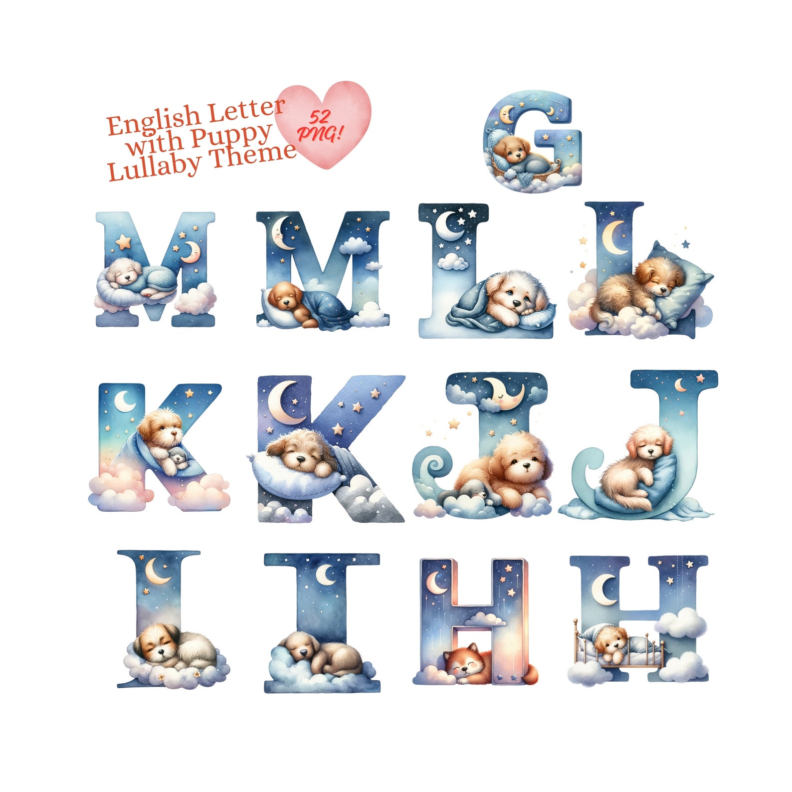 Sweet Dreams Puppy Lullaby Alphabet Clipart, Dreamy Nighttime Dog ...