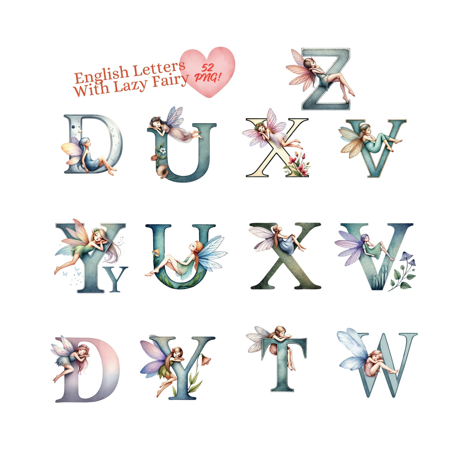 Watercolor Enchanting Fairy Alphabet Clipart - 52 PNG Letters With ...