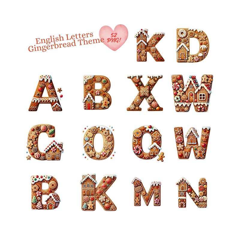 Christmas Gingerbread Alphabet Clipart: 52 Festive PNG Letters (AI ...