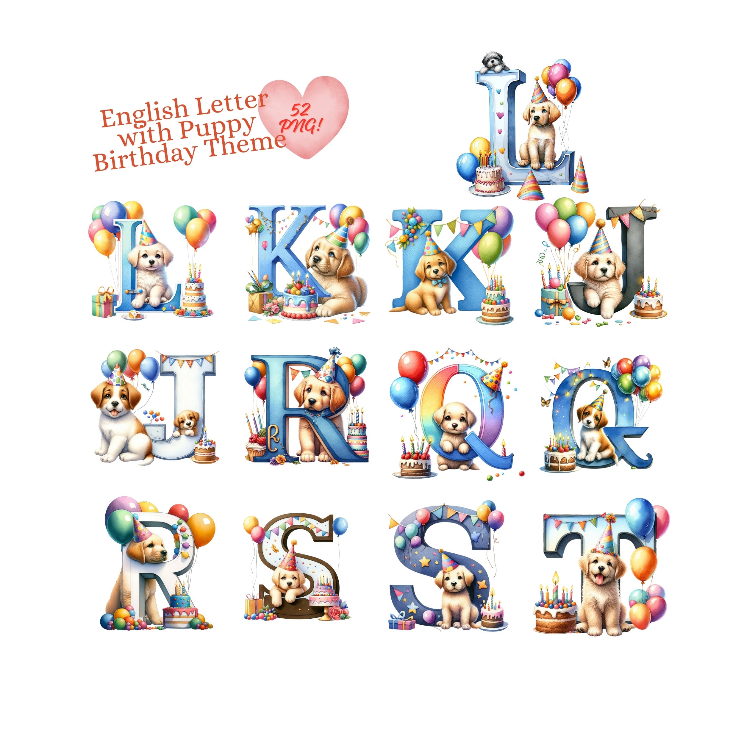 Party Puppy Alphabet Clipart - Birthday-themed ABC Digital Files - Kids ...