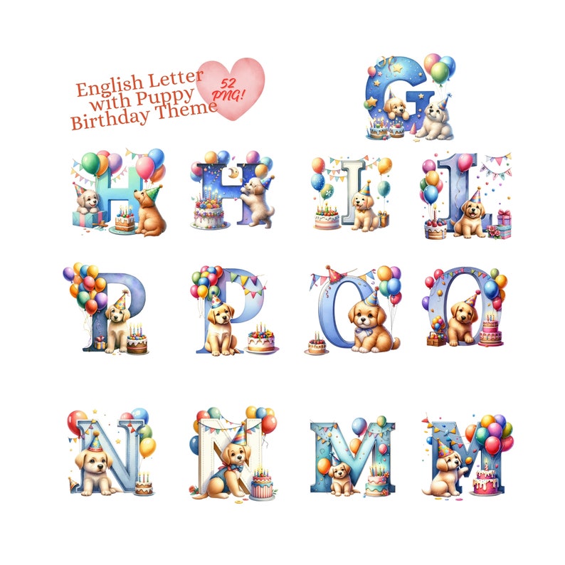 Party Puppy Alphabet Clipart - Birthday-themed ABC Digital Files - Kids ...