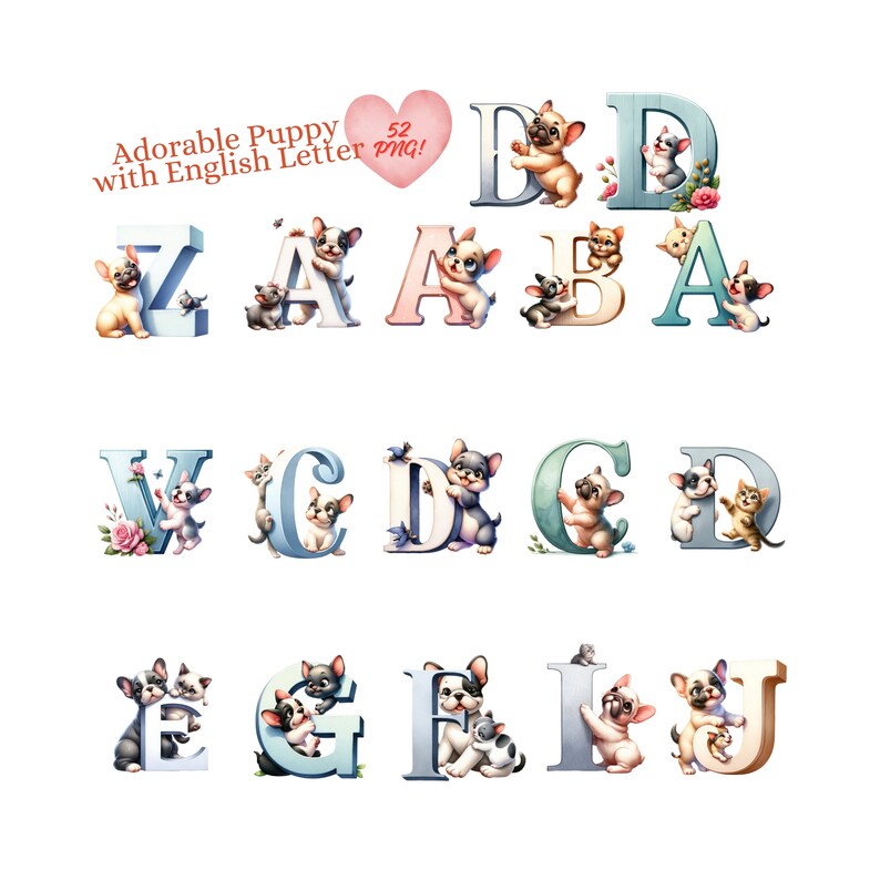 Watercolor Puppy Alphabet Letters Clipart Set, 52 PNG and JPG Files ...