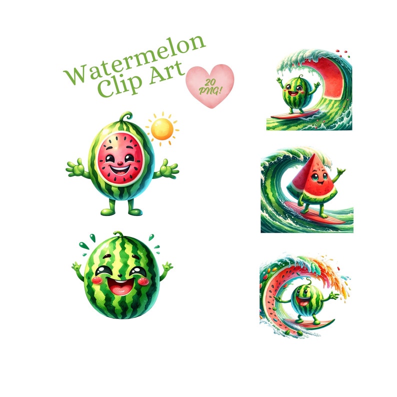 Variety of Watermelon Characters, Adorable Watermelon Clipart Bundle ...