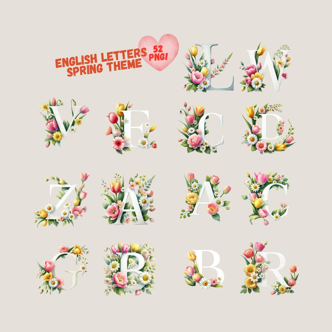 Floral Alphabet PNG Bundle, Spring Letters Clipart, Watercolor Flower ...