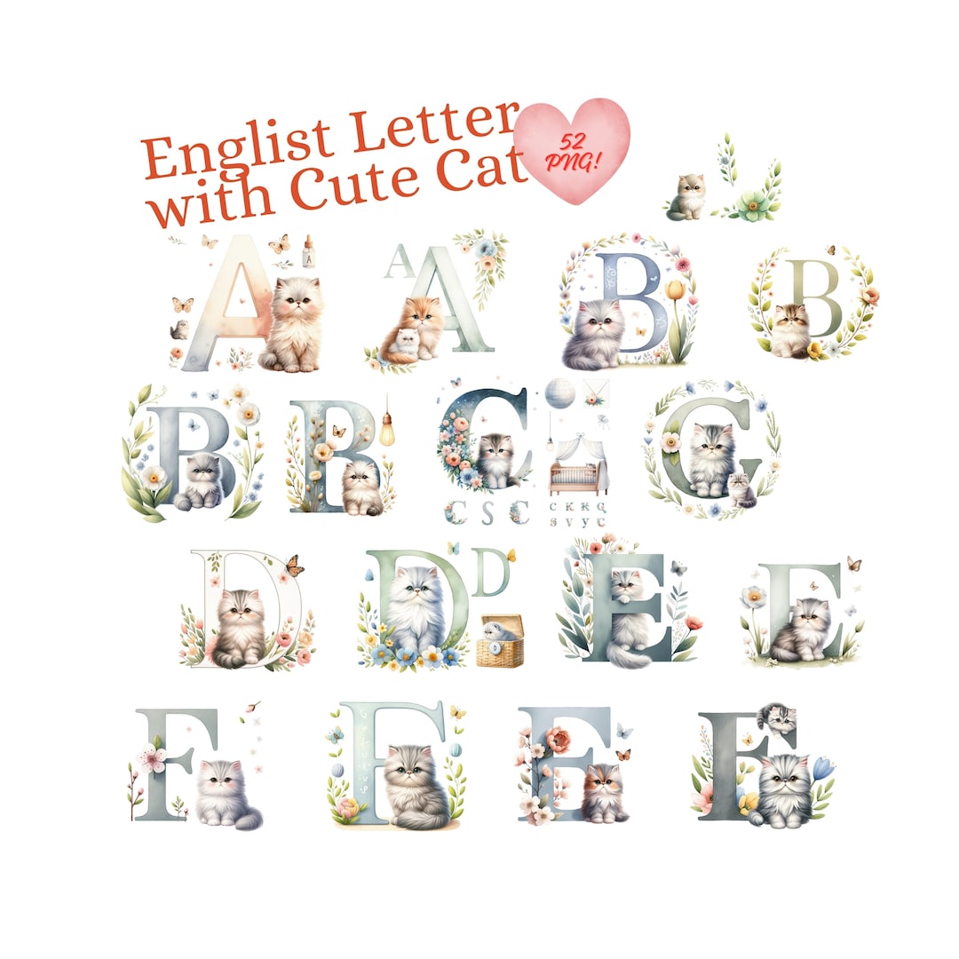 Alphabet Cat Clipart Set - Adorable Kitten Letters PNG & JPG, Floral Nursery Decor, Educational ...