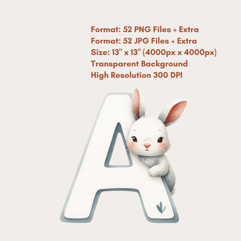 Watercolor Adorable Rabbit Alphabet Clipart, Transparent Background ...