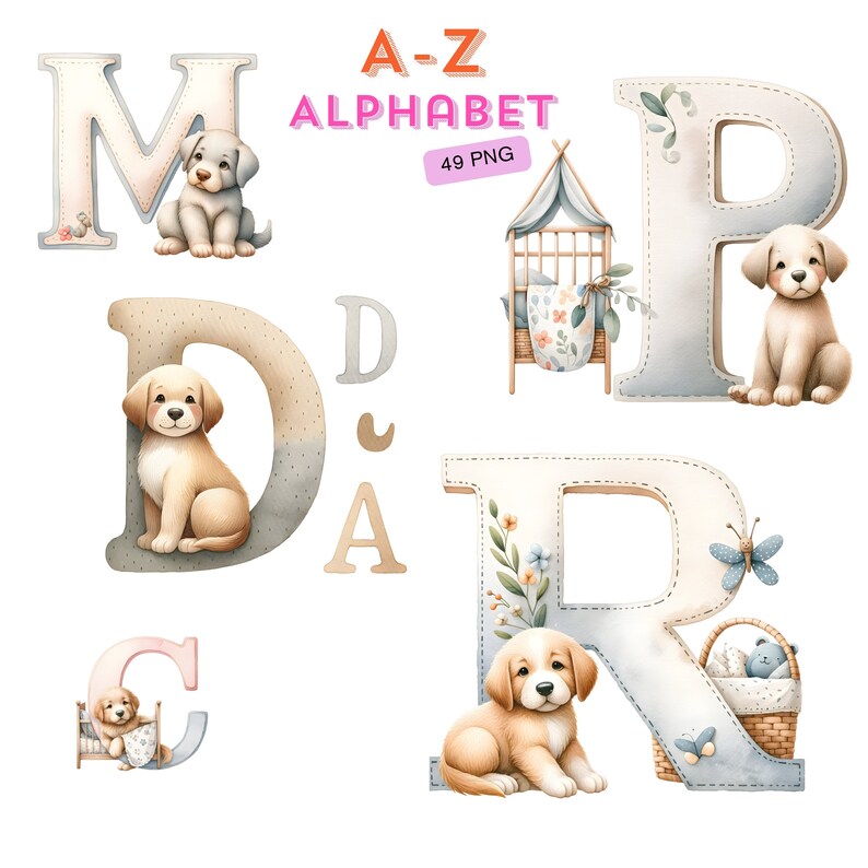 Watercolor Dog (canine) Alphabet Clipart, Transparent Background, High ...