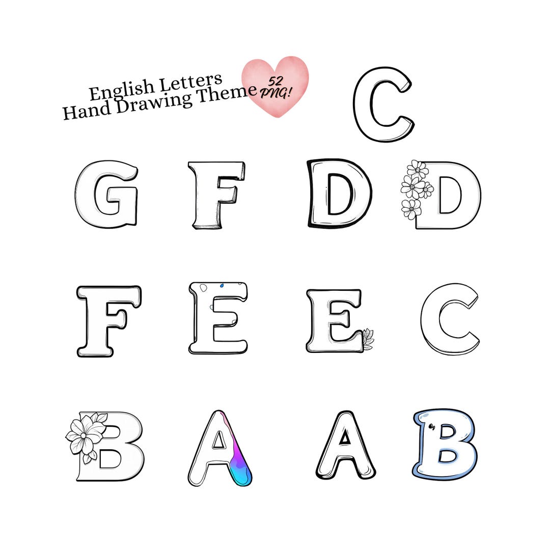 Hand-drawn Alphabet Clipart | Digital Letters | Black and White PNG ...