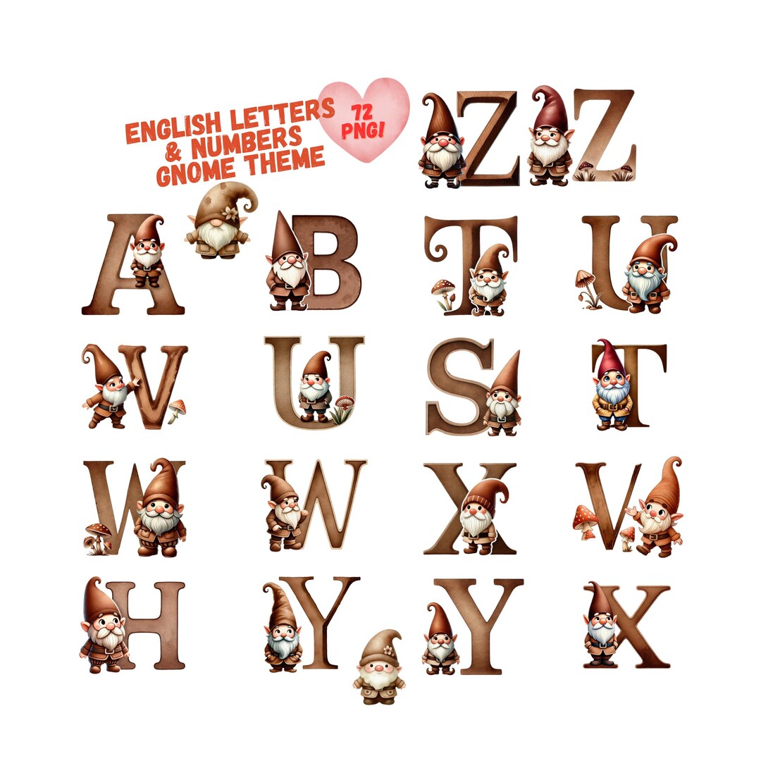 Watercolor Gnome Alphabet Clipart: PNG Letters & Numbers (digital ...