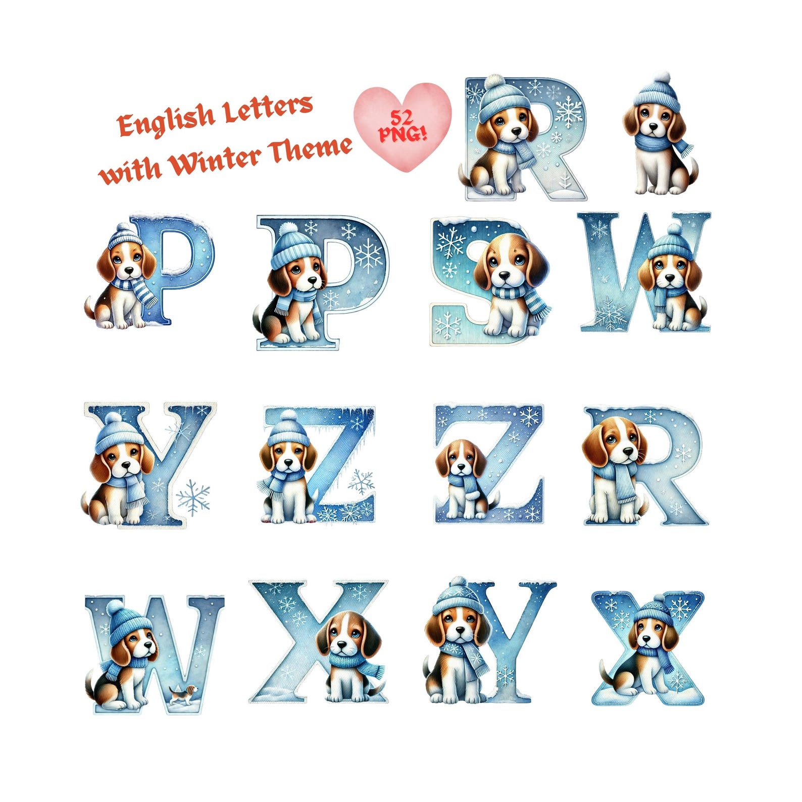 Winter Themed English Alphabet Letters With Cute Puppy Clipart - 52 ...