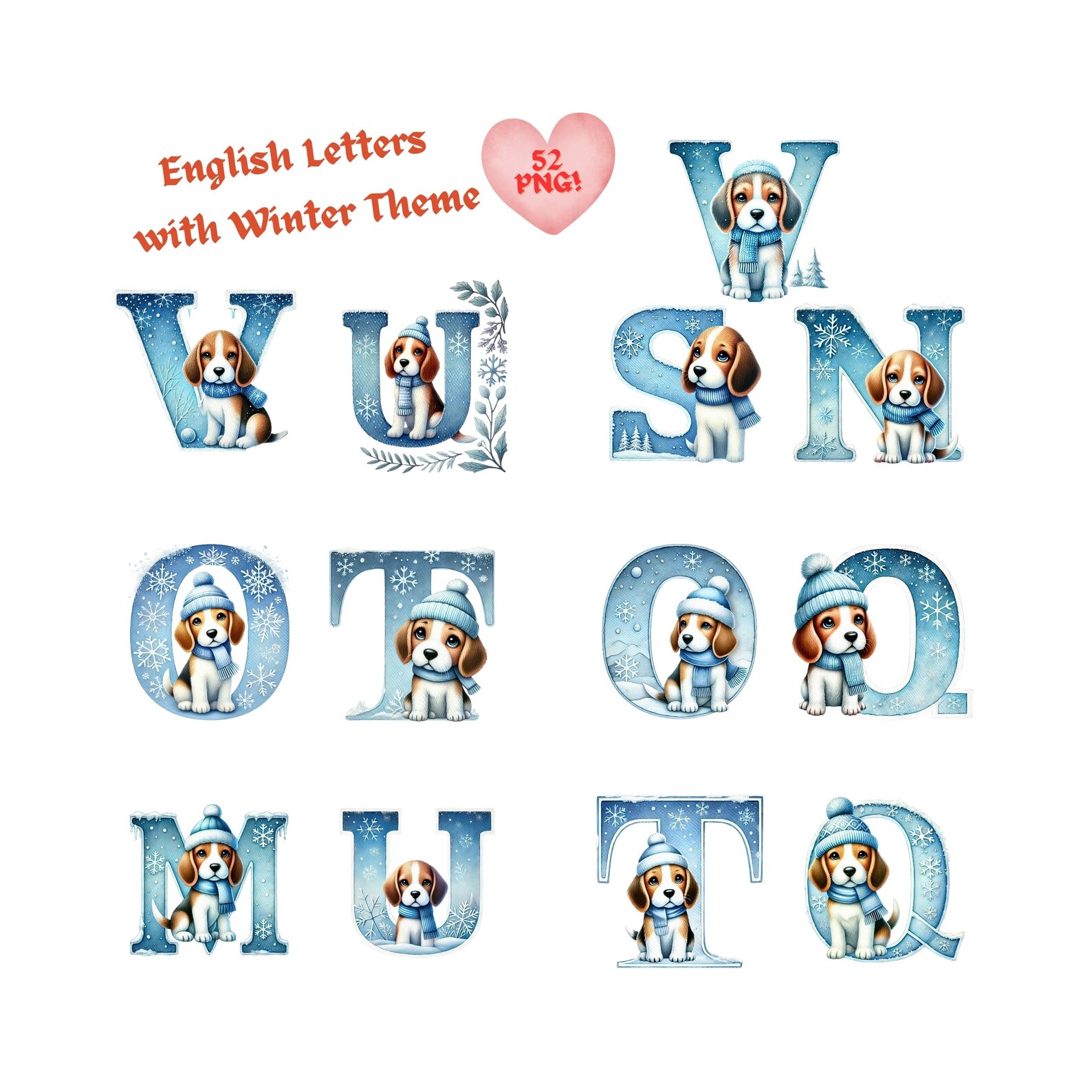 Winter Themed English Alphabet Letters With Cute Puppy Clipart - 52 ...