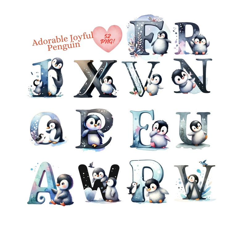 Watercolor Penguin Alphabet Clipart: 52 PNG & JPG Files (digital ...