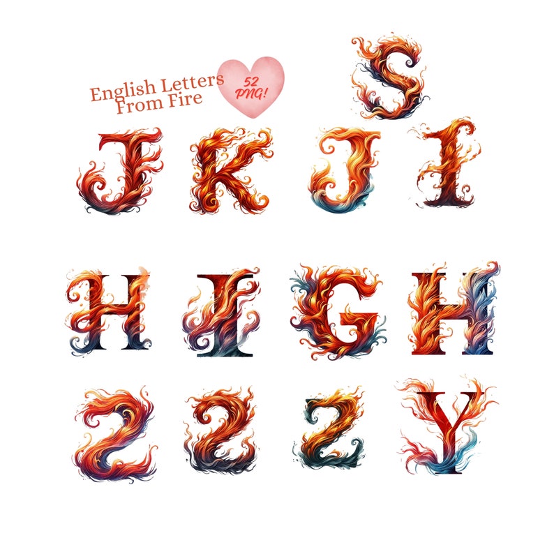 Watercolor Fiery Alphabet PNG Bundle: 52 High-resolution Letters ...