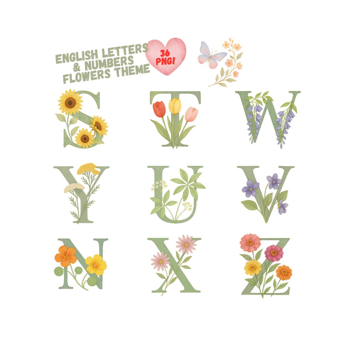 Whimsical Watercolor Floral Alphabet & Numbers PNG | A-Z 0-9 Clipart ...