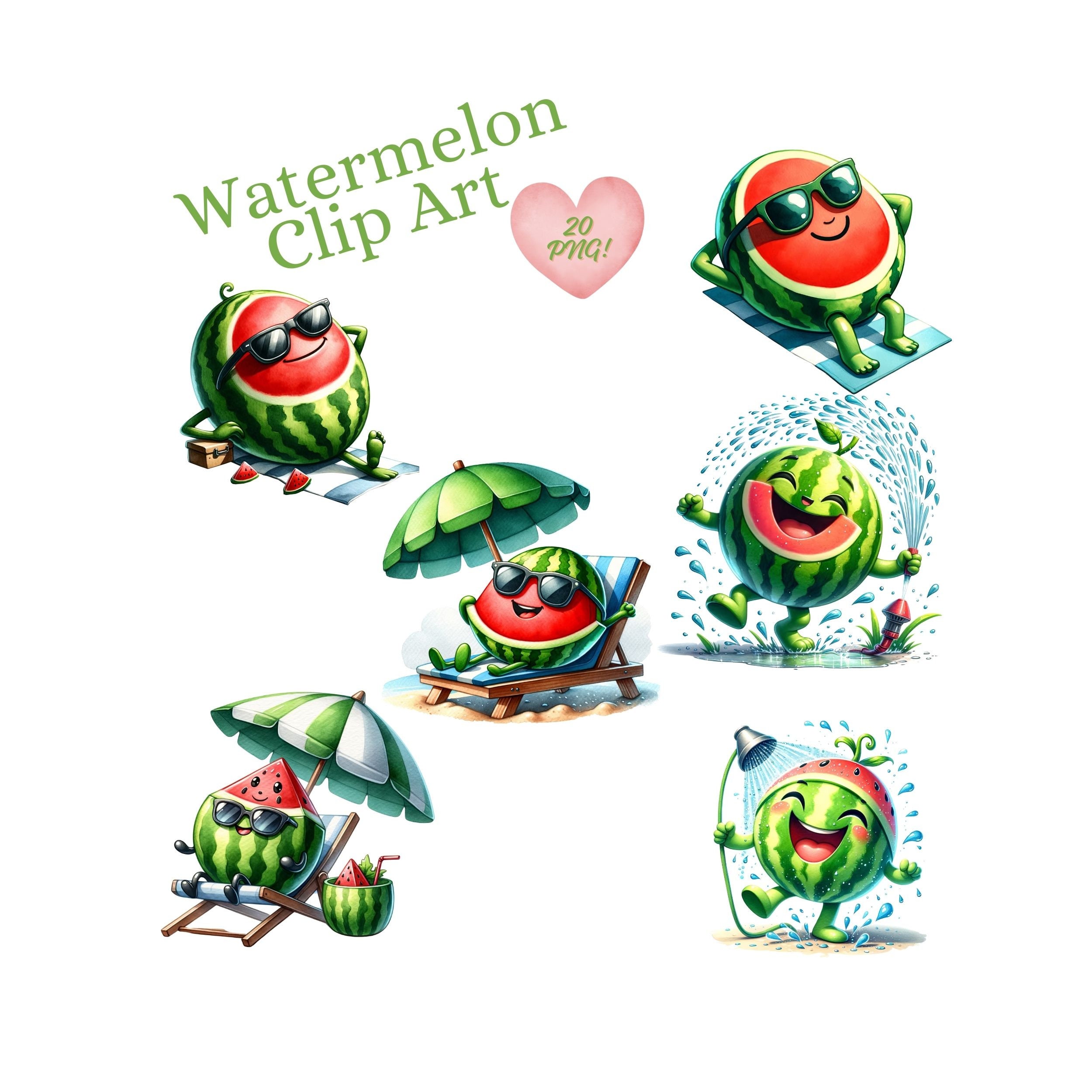 Variety of Watermelon Characters, Adorable Watermelon Clipart Bundle ...