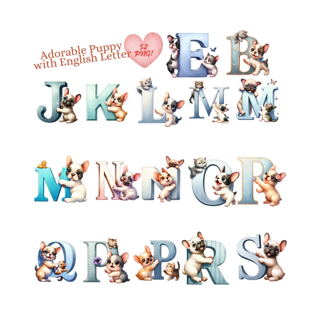 Watercolor Puppy Alphabet Letters Clipart Set, 52 PNG and JPG Files ...